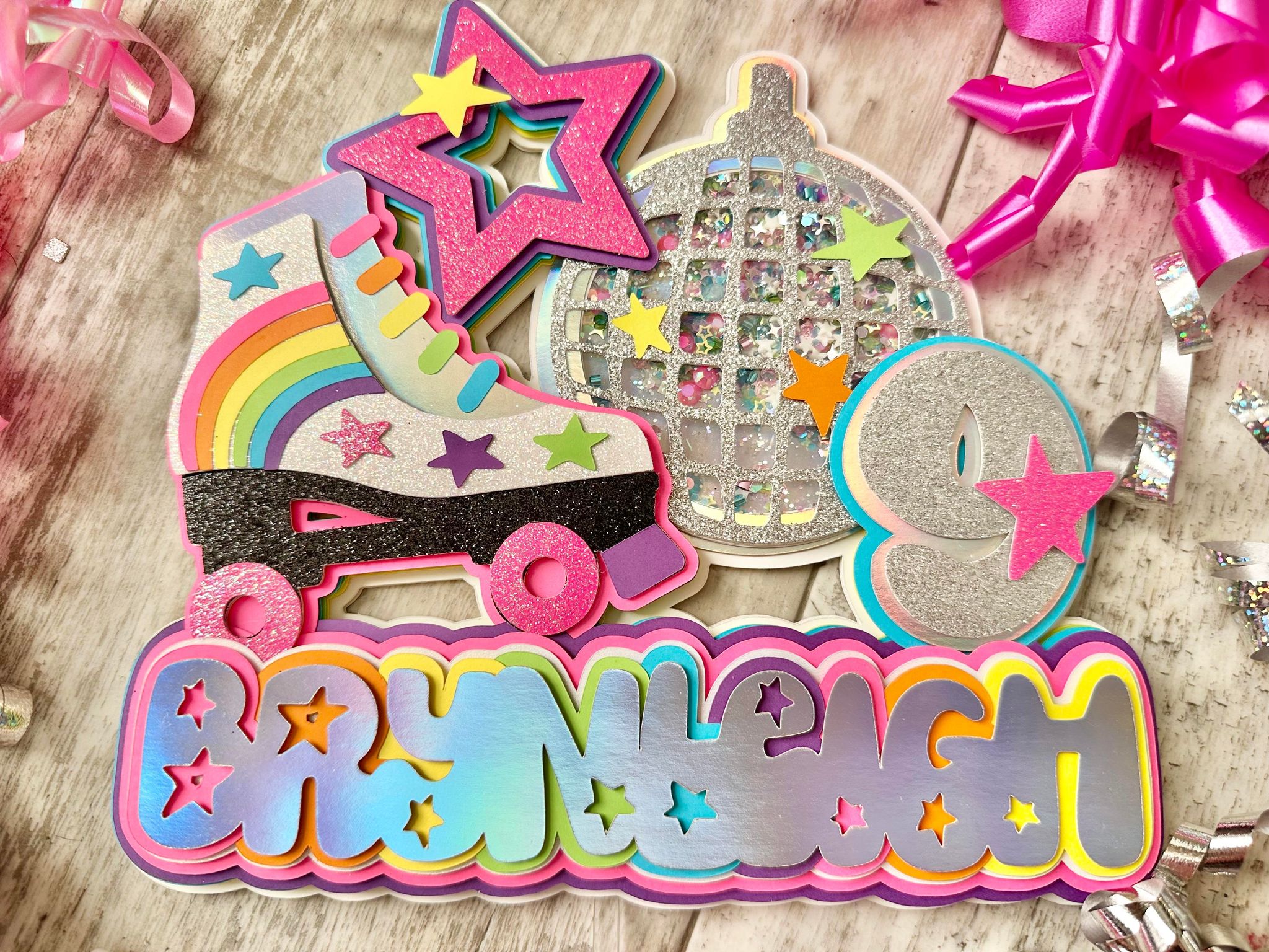 Rainbow Retro Roller Disco Ball Rollerskate Skate Glitter Shaker Cake ...